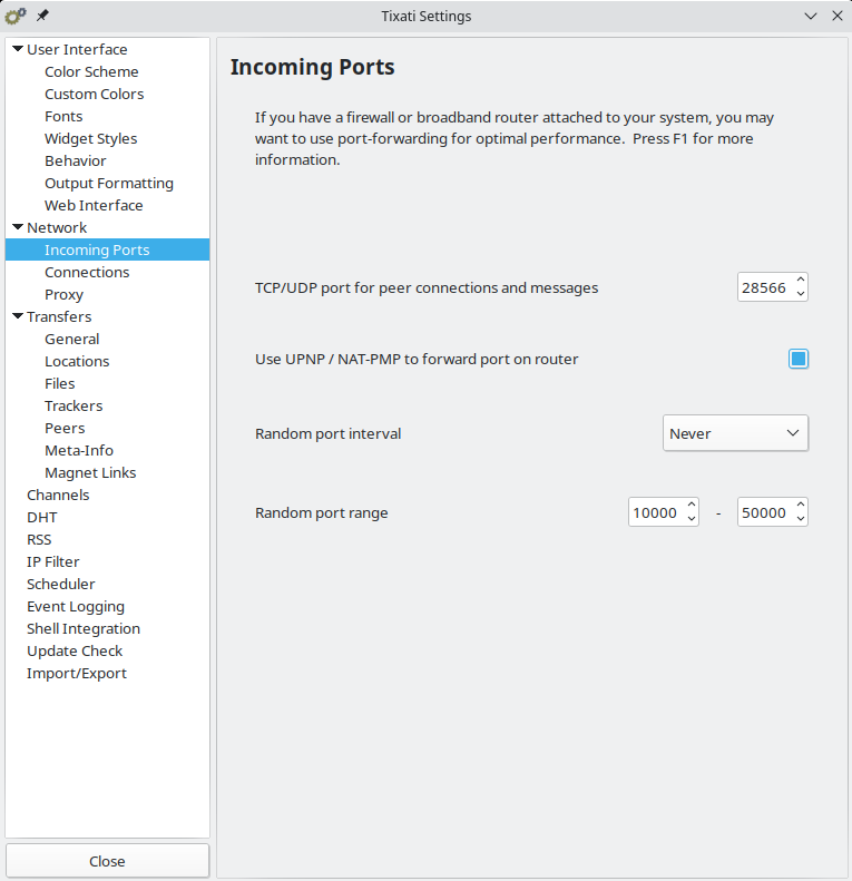 Settings - Network - Incoming Ports - Tixati